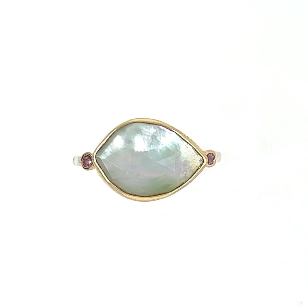 Abalone Prehnite with Pink Sapphires ring in 14k gold and sterling sil ...