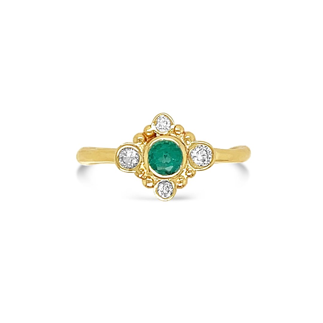 Andromeda Halo ring with Emerald and Diamonds in 14k gold – Emily Amey